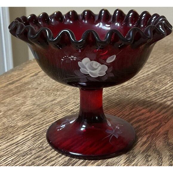 Fenton | Dining | Vintage Fenton Ruby Ruffled Compote Hand Painted ...